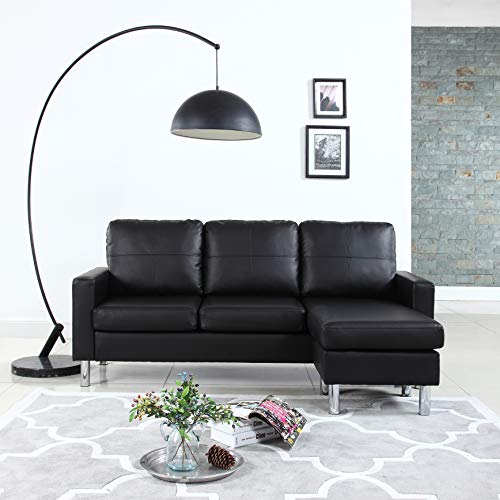 DIVANA ROMA FURNITURE Modern Bonded Leather Sectional Sofa - Small Space Configurable Couch - Black