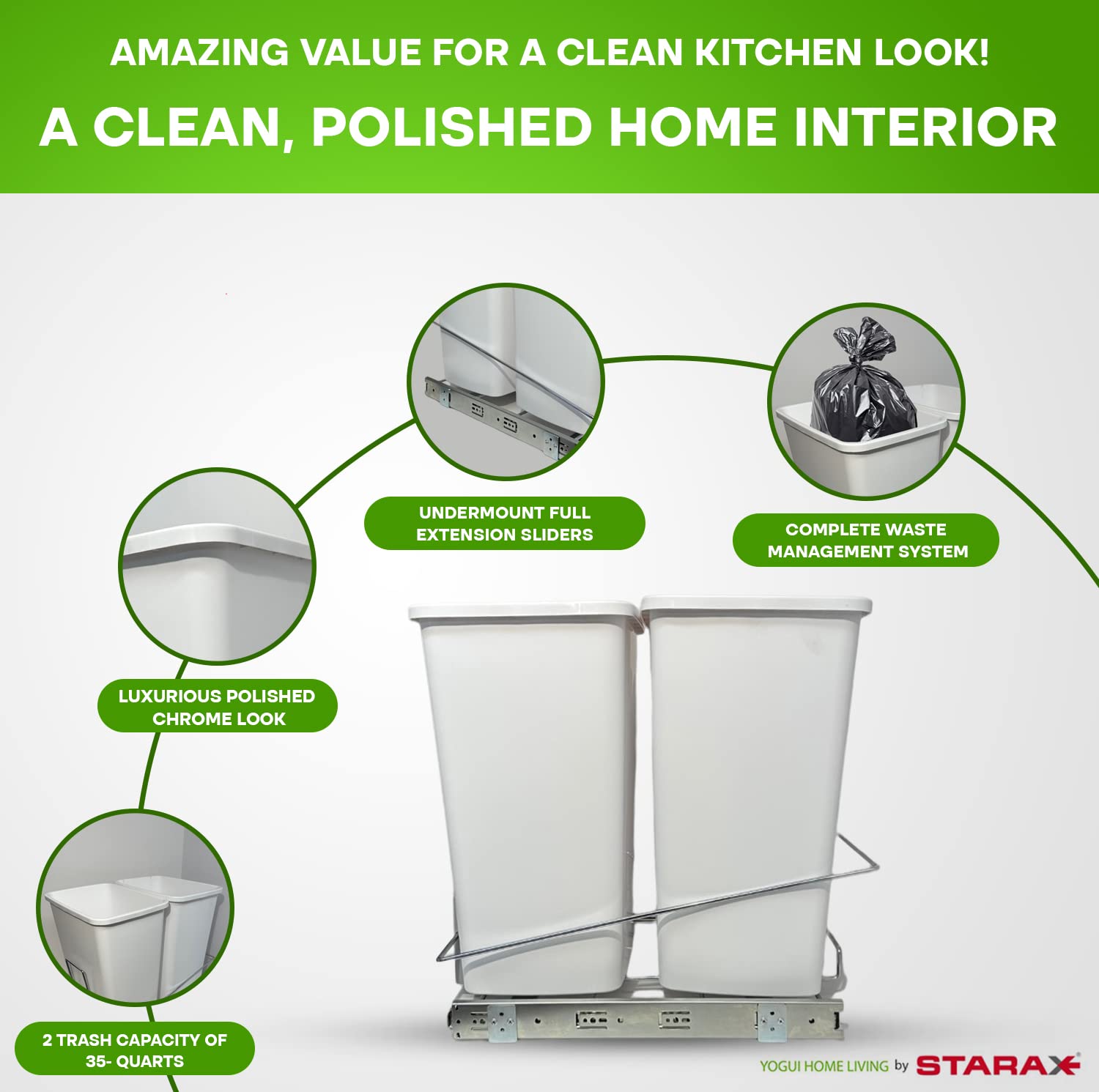 Yogui Home Living by Starax Double 35-Quart Trash Bin Cabinet Pullout System - 2 White Waste/Recycling Bins - Easy-Installation Polished Chrome Ball-Bearing Garbage Slider - (Not Include Can)