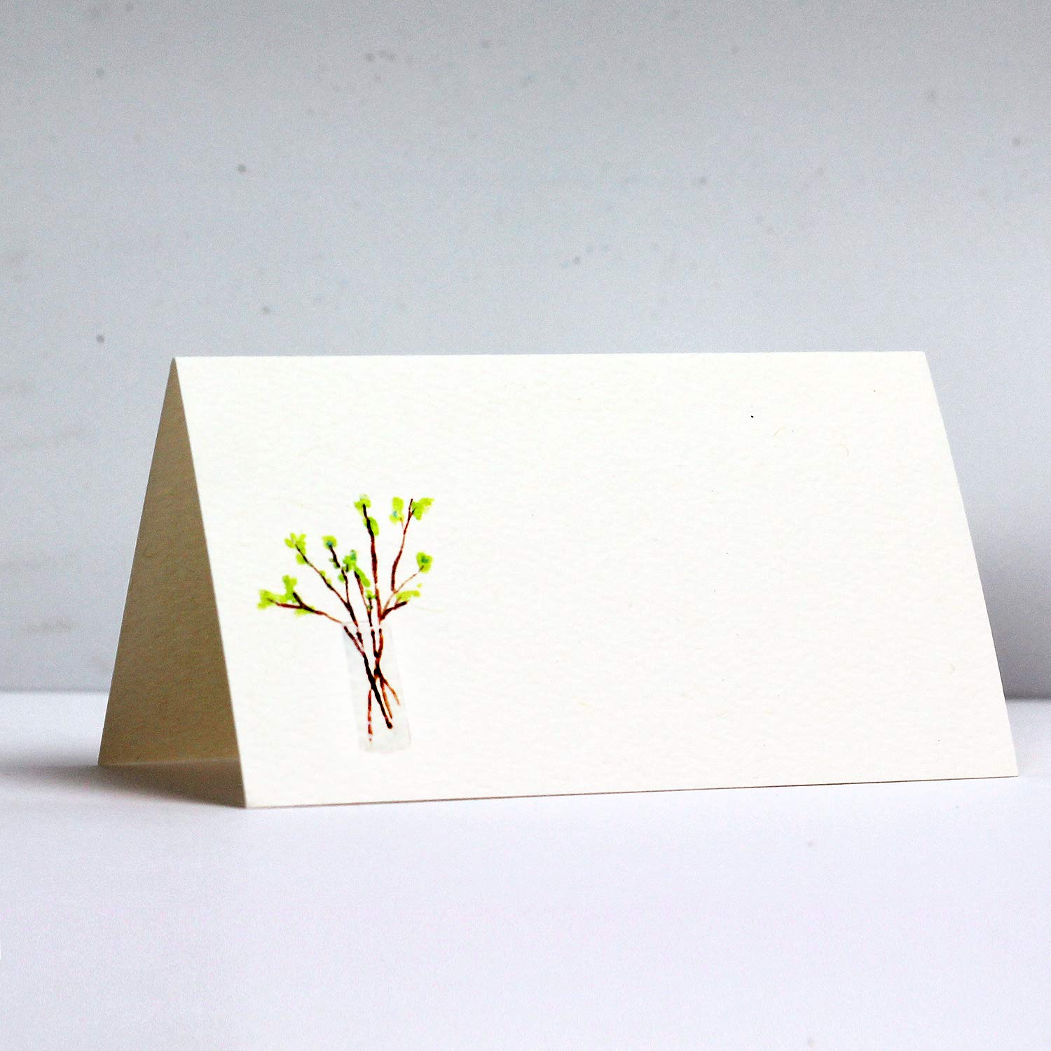 Nancy Nikko Place Cards with Twigs with Green Leaves in Clear Vase for Weddings, Showers, and Dinner Parties. Table Tent Style, Scored for Easy Folding. Available in Pkgs of 50