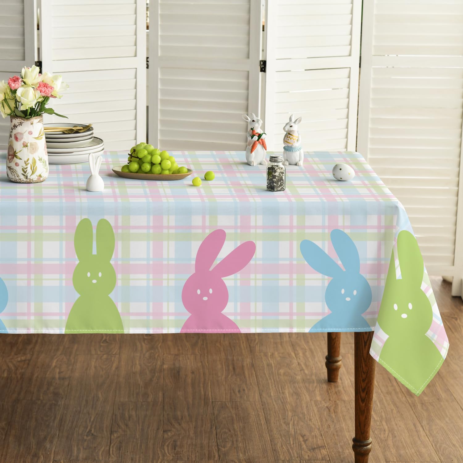 Horaldaily Easter Tablecloth 60x84 Inch, Spring Bunny Happy Easter Table Cover for Party Picnic Dinner Decor