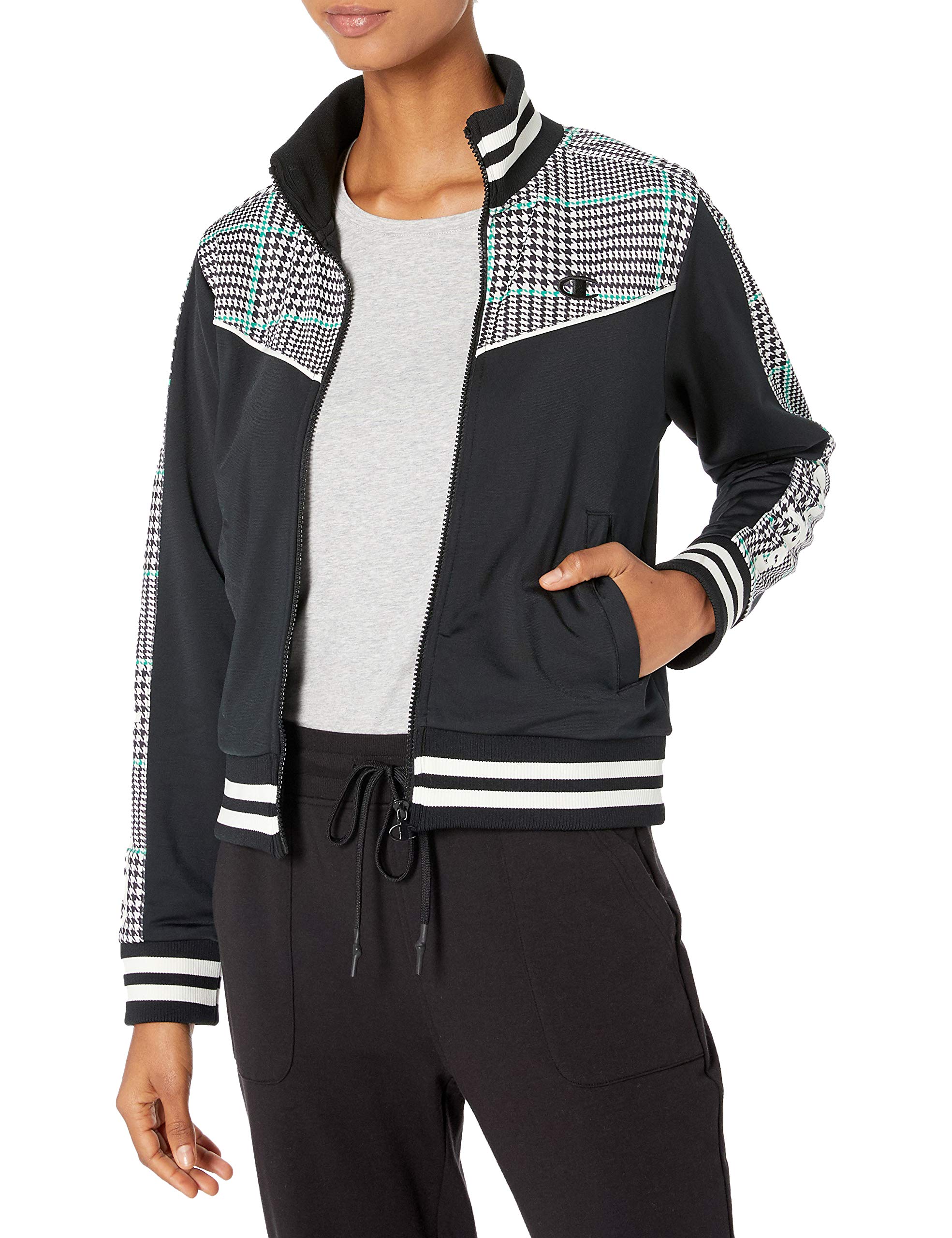 Champion Women's Track Jacket, Black/Exploded Houndstooth, X Small