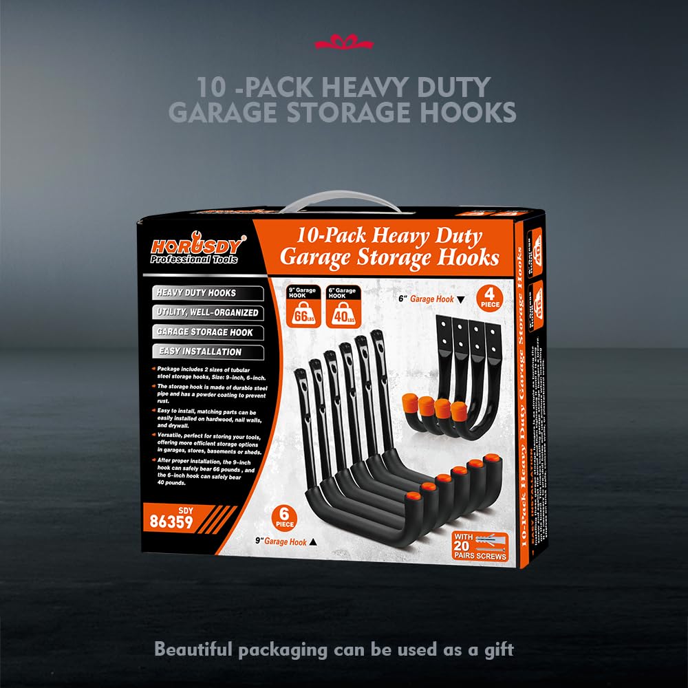 HORUSDY 10-Pack Garage Hooks, Utility Hooks, 9" & 6β Garage Hooks Heavy Duty Wall Hooks for Bikes, Kayak and Hanging Ladders