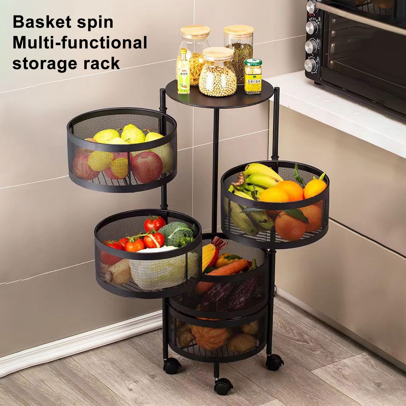 Grebest Kitchen Fruit Vegetable Storage Cart, 5 Tier Circular Rotating Basket with 360 Degree Wheels, Metal Wire Shelf with Top Lid for Living Room/Kitchen/Office Black Five Layers