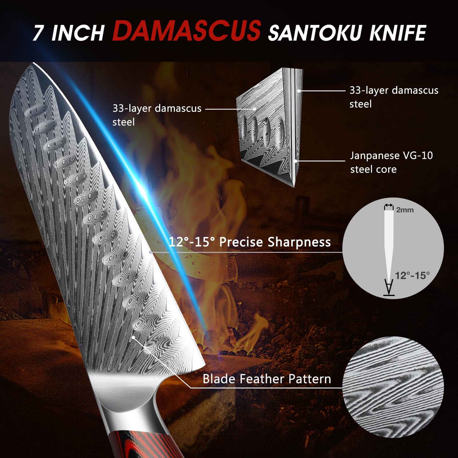 HOSHANHO Damascus Santoku Knife, 7 Inch Professiona Kitchen Knife,VG-10 Damasucs Steel Ultra-Sharp Santoku Chef Knife with Ergonomic G10 Handle