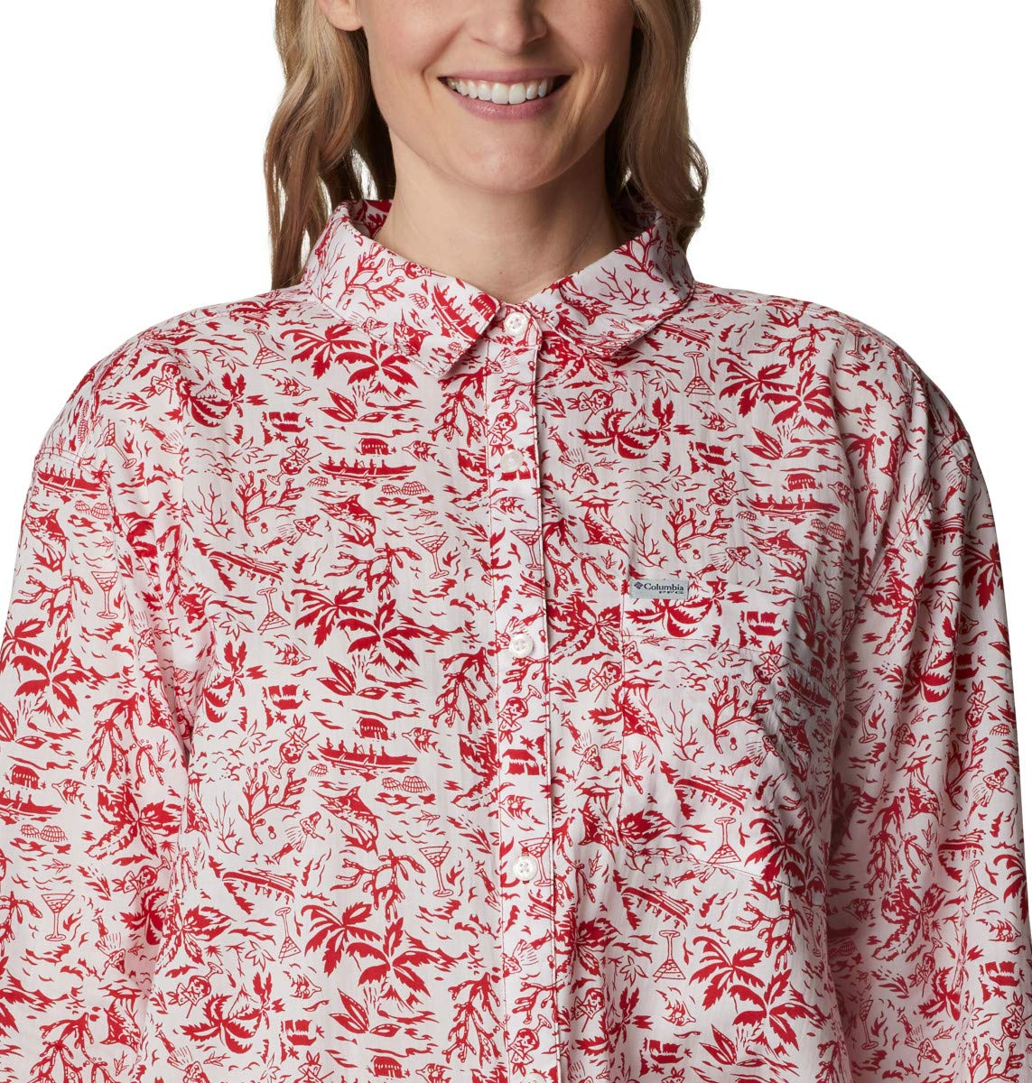 Columbia Women's Slack Water Woven Long Sleeve Shirt, Harbor Blue Kona Print, XX-Large