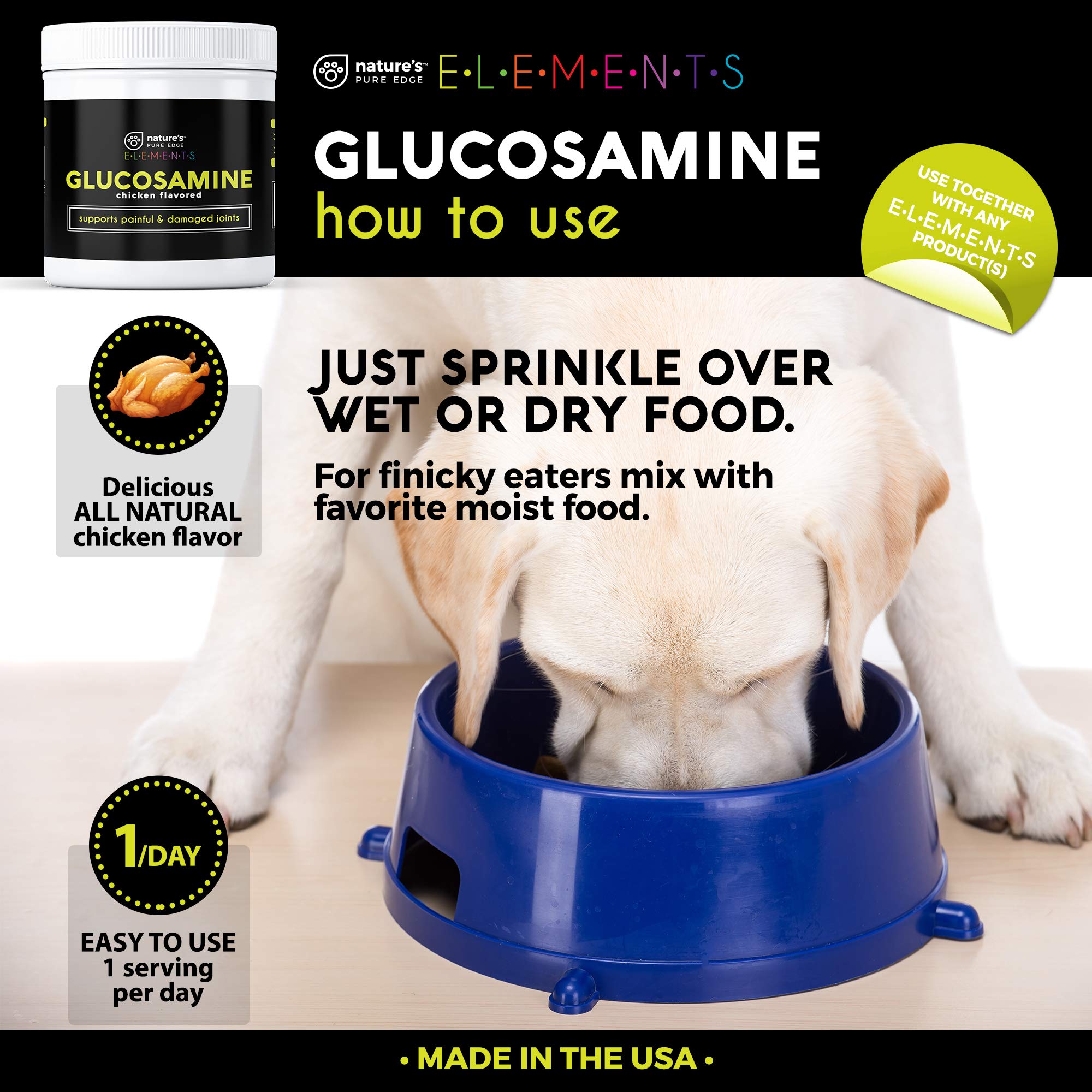 Nature's Pure Edge Original Extra Strength Glucosamine Dog and Cat Supplement Flavored with Real Chicken. Treats Painful and Damaged Joints. 170 gram Jar.