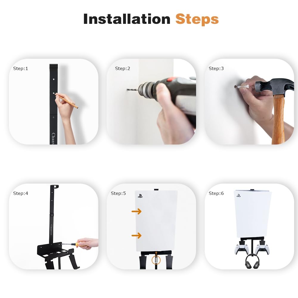 Chanvoo Metal Wall Mount for PS5 and PS5 Slim, Behind TV Wall Holder Bracket Kit Compatible with Playstation 5/5 Slim Disc & Digital Edition Console (Black)