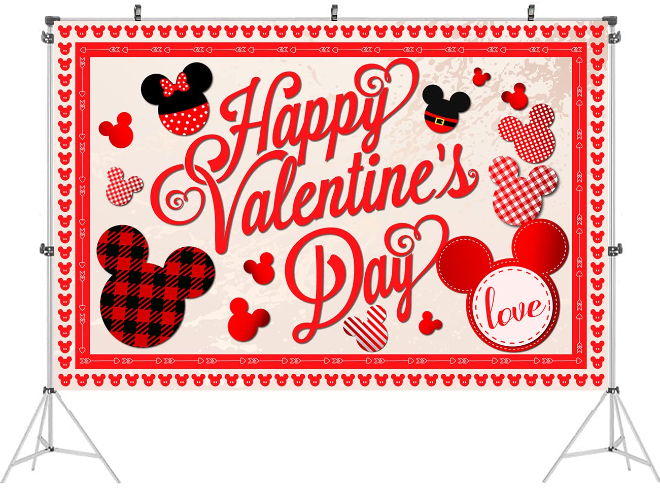 Happy Valentine's Day Backdrop, Cartoon Mouse Theme Valentines Backdrops for Photography Red Mouse Pattern Romantic Love Banner Background for Valentines Wedding Propose Marriage Decor