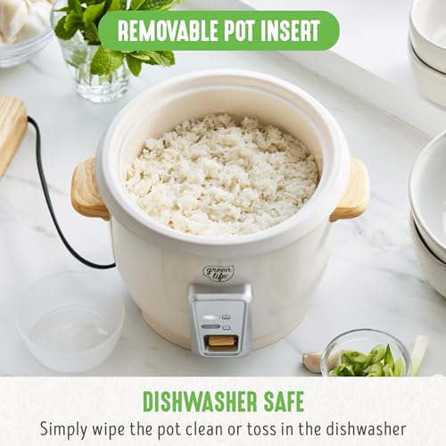 GreenLife 6-Cup Rice Cooker Steamer, PFAS Free Removable Ceramic Nonstick Pot, Auto Presets, Wood Print Handle, Keep Warm Function, One Touch Design, Dishwasher Safe, Measuring Cup, Rice Paddle, Cream