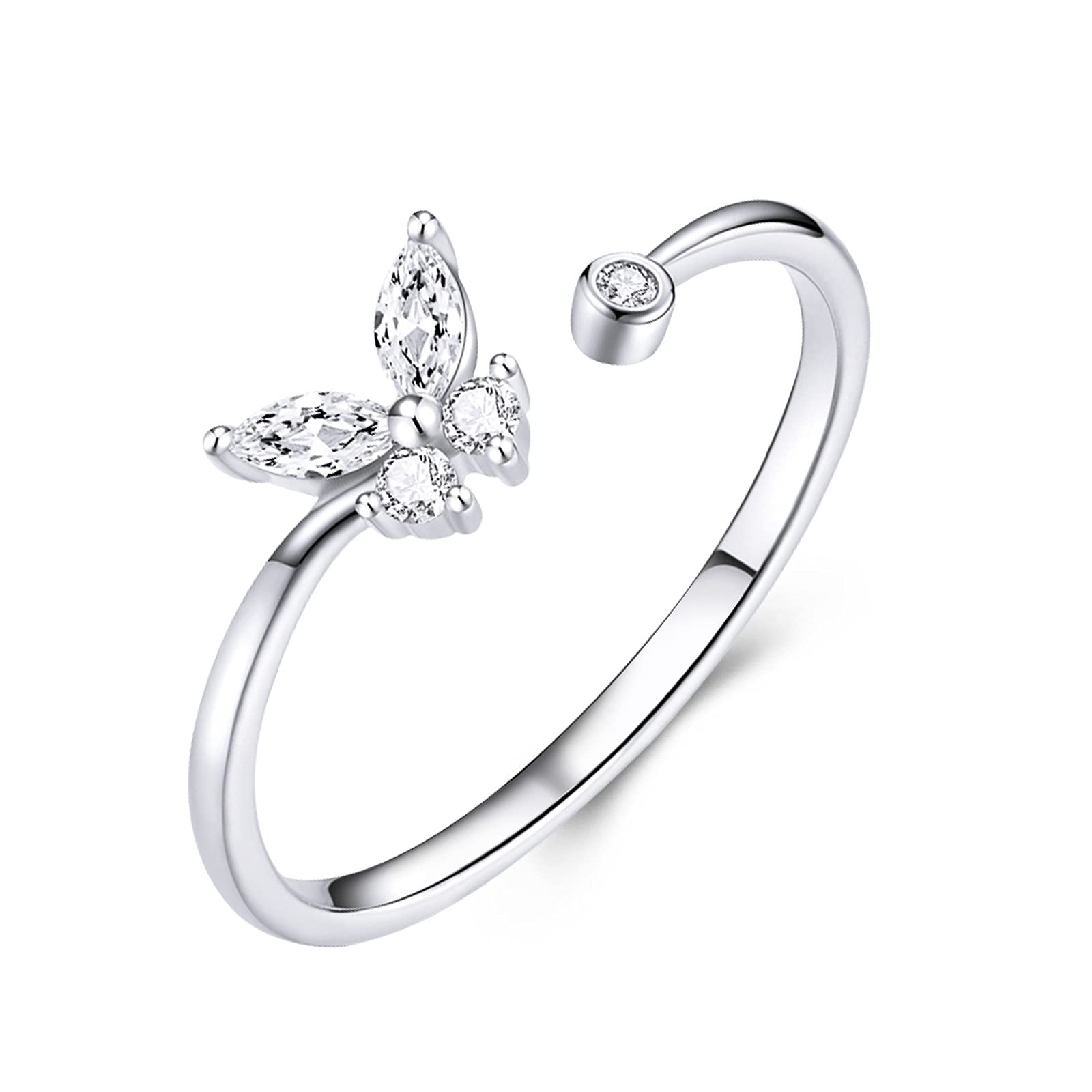 DIYA Diamond Adjustable Butterfly Ring Sterling Silver 1 Carat Moissanite Diamond Ring Open Ladies Dainty Stackable Ring Wedding Bands Anniversary Engagement Rings for Women (White gold plated)