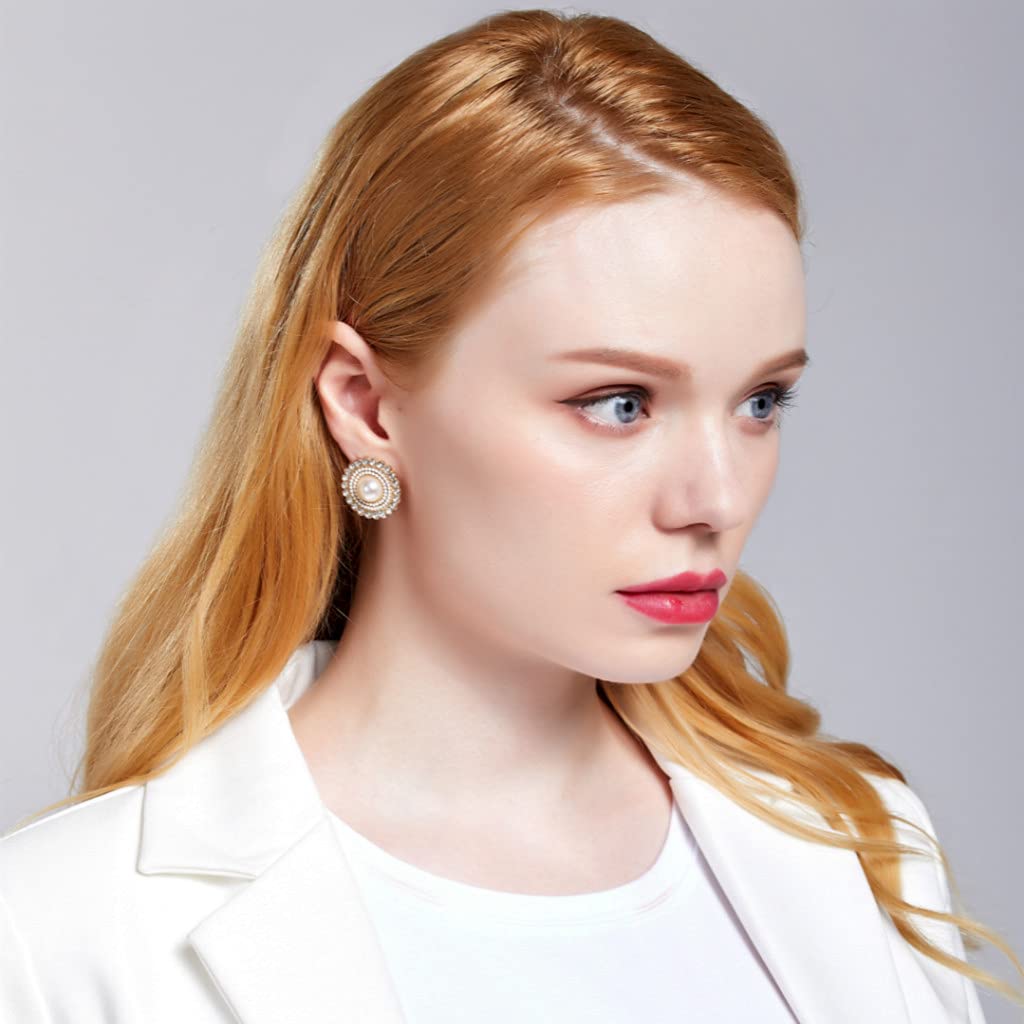 Cream Dome Big Pearl Stud Earrings, Crystals Rhinestones Art Vintage Earrings with Wedding Style