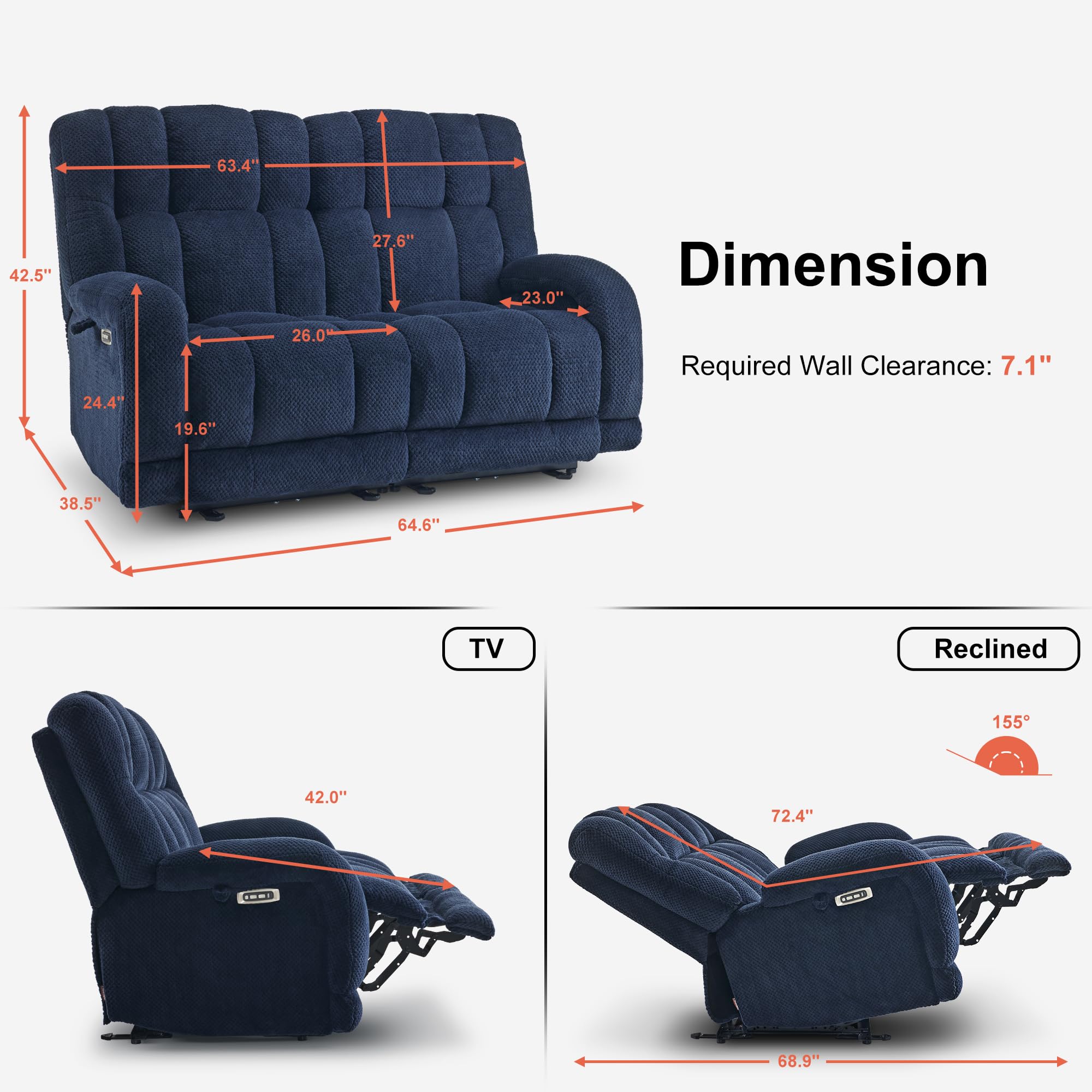 MCombo 64.6" Power Reclining Loveseat Sofa with Adjustable Headrest, Heat and Vibration, Fabric Electric Loveseat Recliner with USB Charge Ports for Living Room 6855 (Navy Blue)