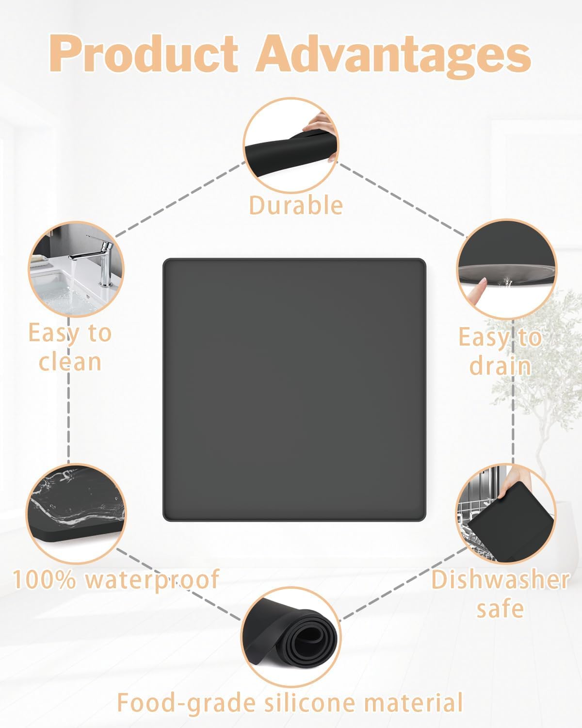 HOUSEASSIST Mini Fridge Silicone Mat with Raised Edges 24" x 24" Water Leakage Moldy and Floor Damage for Elecrical Equipment Such as Washing Machines Dryer Mini Fridge
