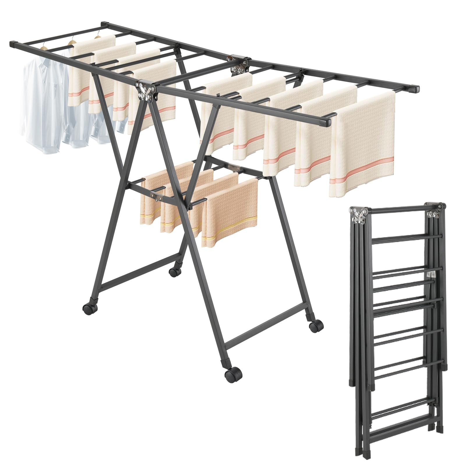 Mean Yeah Folding Clothes Drying Rack 2-Tier, Large Laundry Drying Rack with Height-Adjustable Wings, Indoor Outdoor Collapsible Foldable Clothes Drying Rack, with 4 Castors,Easy to Fold - Grey