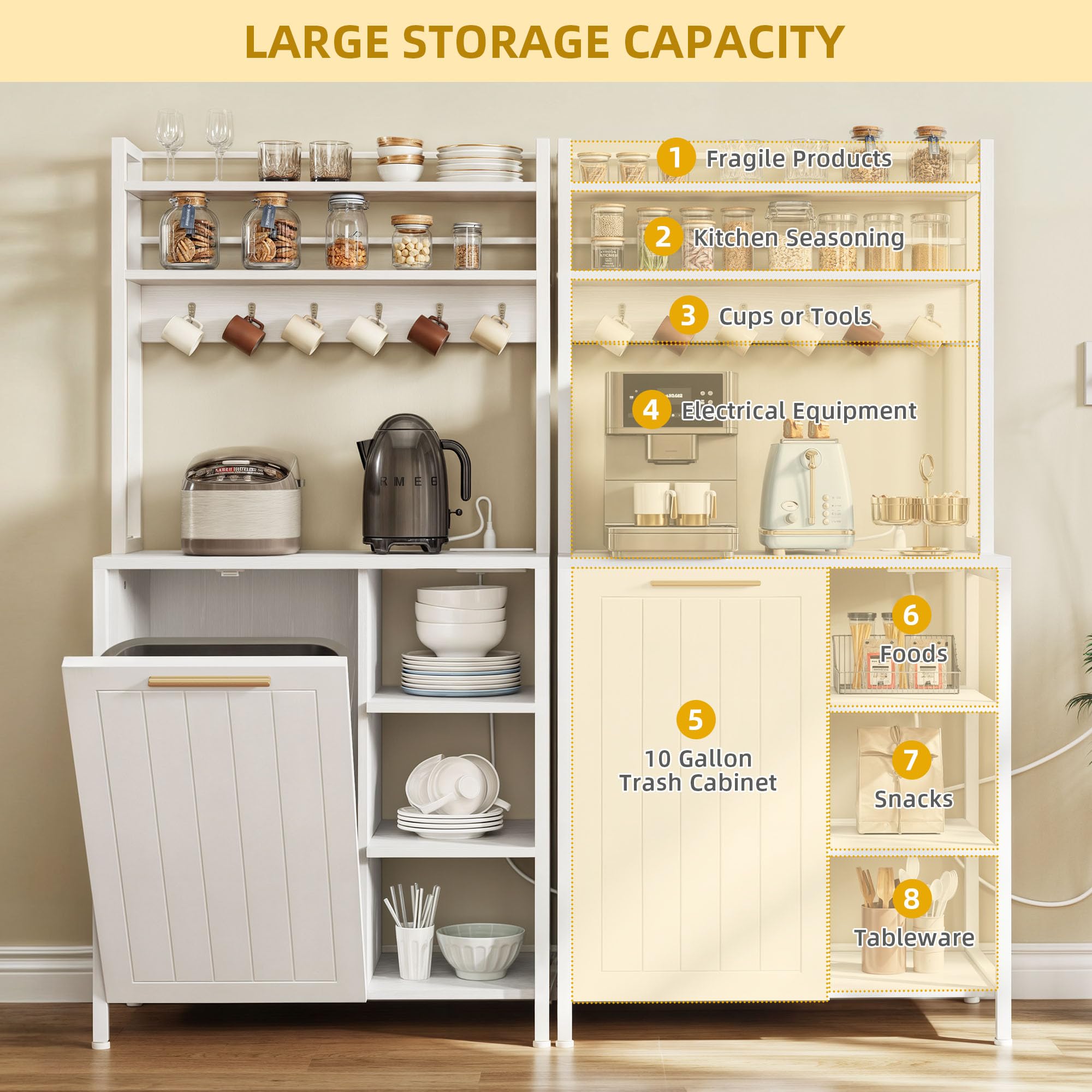 DWVO 10 Gallon Tilt Out Trash Bin Cabinet Rack with Power Outlet, Kitchen Tall Pantry Storage Cabinet Fit Garbage Can Tilt Out, Laundry Hamper for Kitchen, White