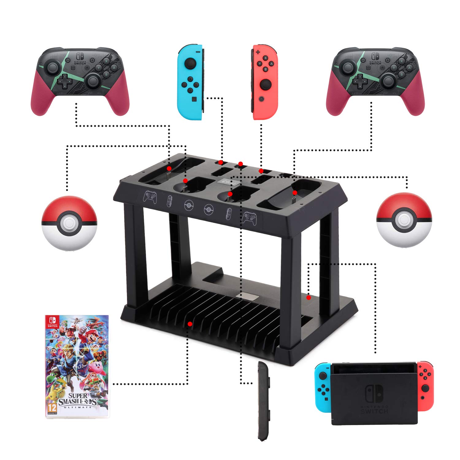 Charger Dock for Switch, Charger for Switch Controllers, Ball Plus Controllers, Storage Stand for Switch Game Cases