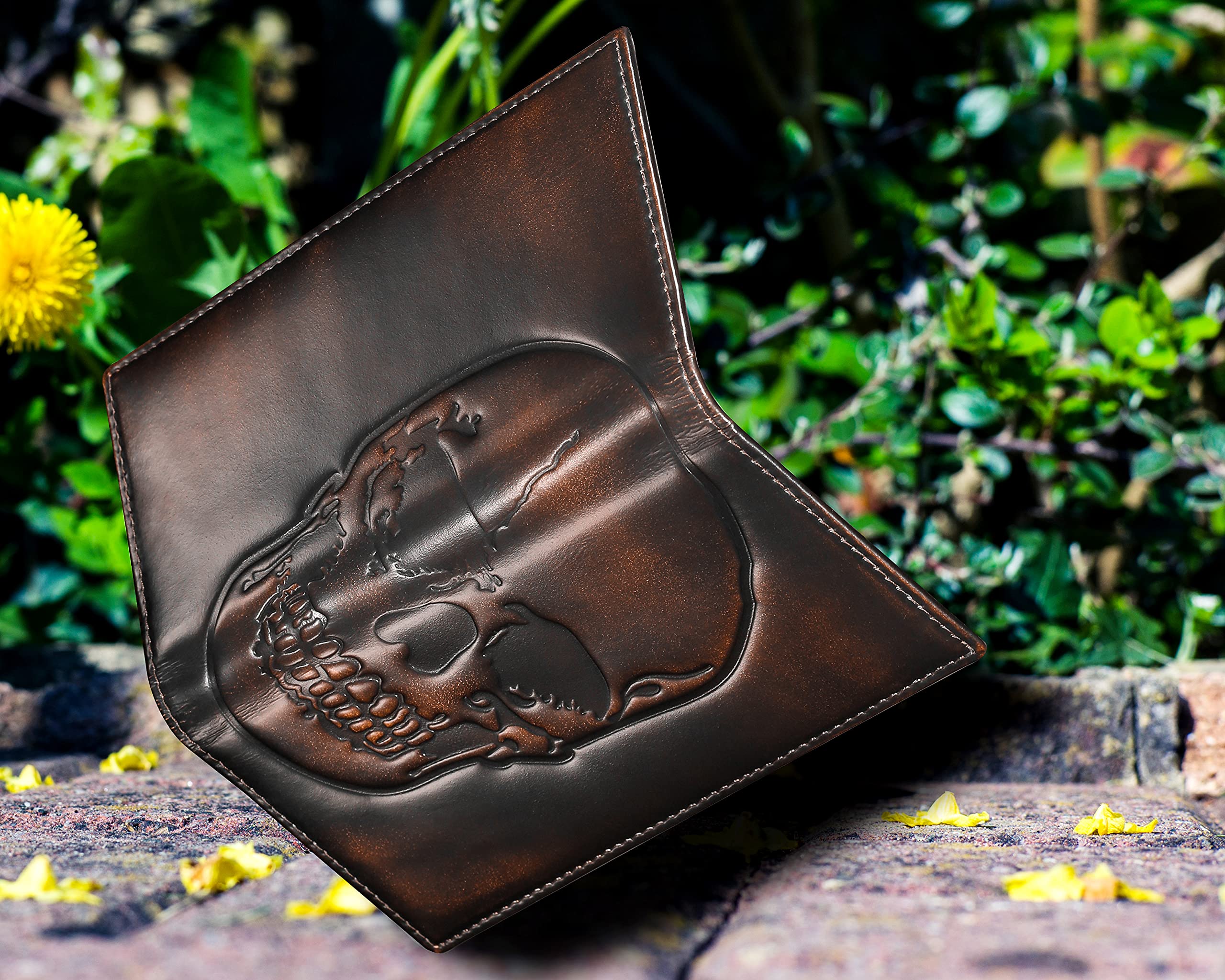 DK86 Skull Long Wallet For Men genuine Leather with Hand Burnished Rfid Blocking Rodeo Wallet Bifold Wallet Skull Wallet, Black A