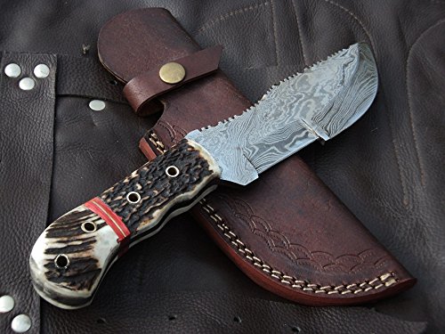 DKC Knives (11 6/18) Sale DKC-708 STAG Tracker Stag Horn Damascus Survival Prepper Hunting Knife 10" Long, 5" Blade 11ozl Damascus Steel Blade Very Solid Knife