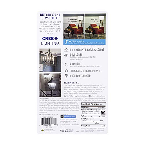 Cree Lighting B11 Clear Glass Filament Candelabra 60W Equivalent LED Bulb, 500 lumens, Dimmable, Daylight 5000K, 25,000 Hour Rated Life, 90+ CRI, Good for Enclosed | 2-Pack