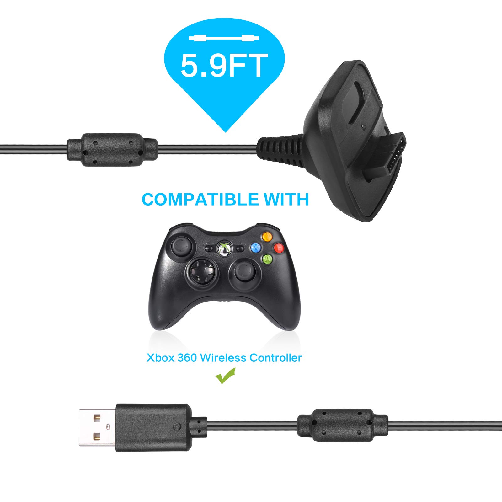 Charger for Xbox 360 Controller, 2 Pack USB Charging Cable Compatible with Microsoft Xbox 360 Slim Wireless Game Controllers, 6 Feet