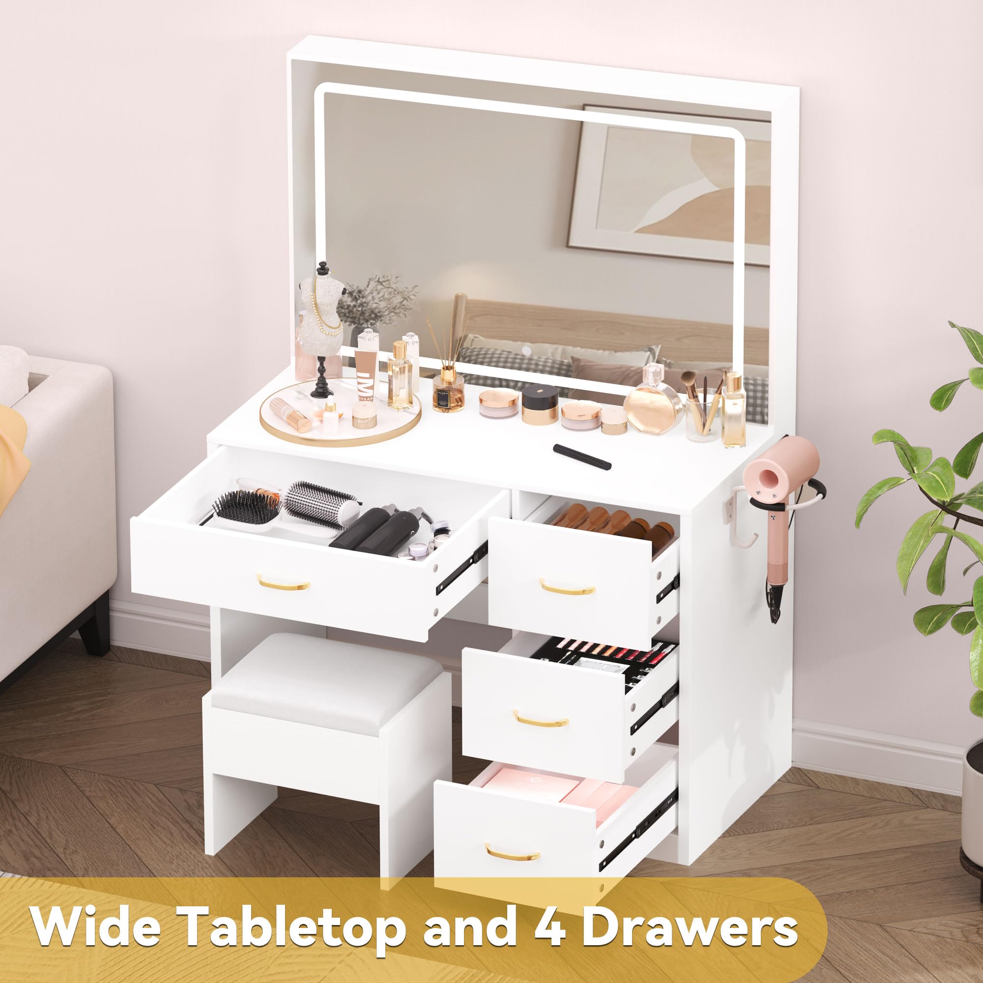 DWVO Makeup Vanity Set with Large LED Mirror, Power Outlet, 3 Adjustable Color Lighting Modes, Modern Vanity Table with 4 Drawers and Cushioned Stool