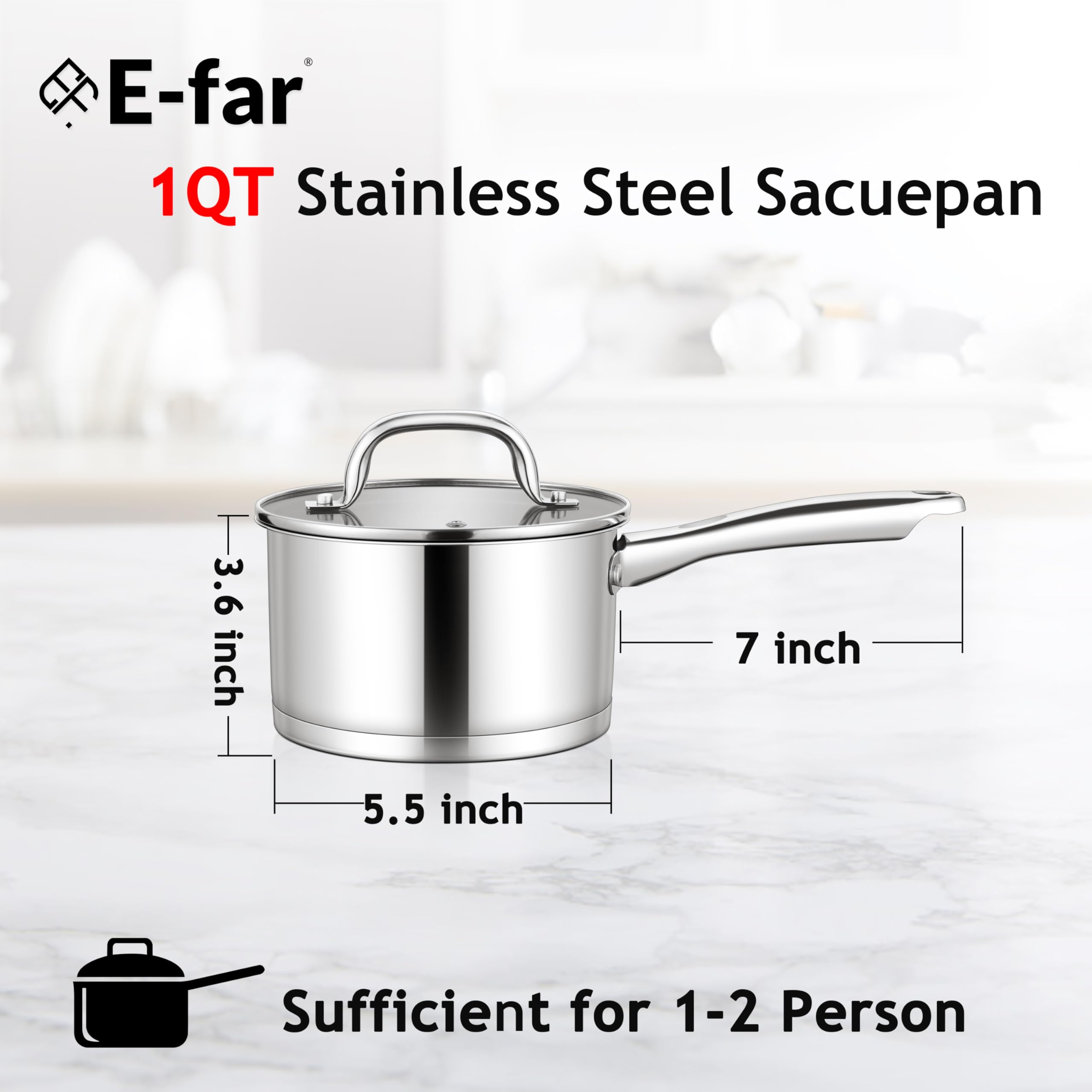 E-far Stainless Steel Saucepan with Lid, 1 Quart Small Sauce Pan Induction Pot for Cooking, Boiling, Compatible with All Stoves, Healthy & Non Toxic, Oven & Dishwasher Safe