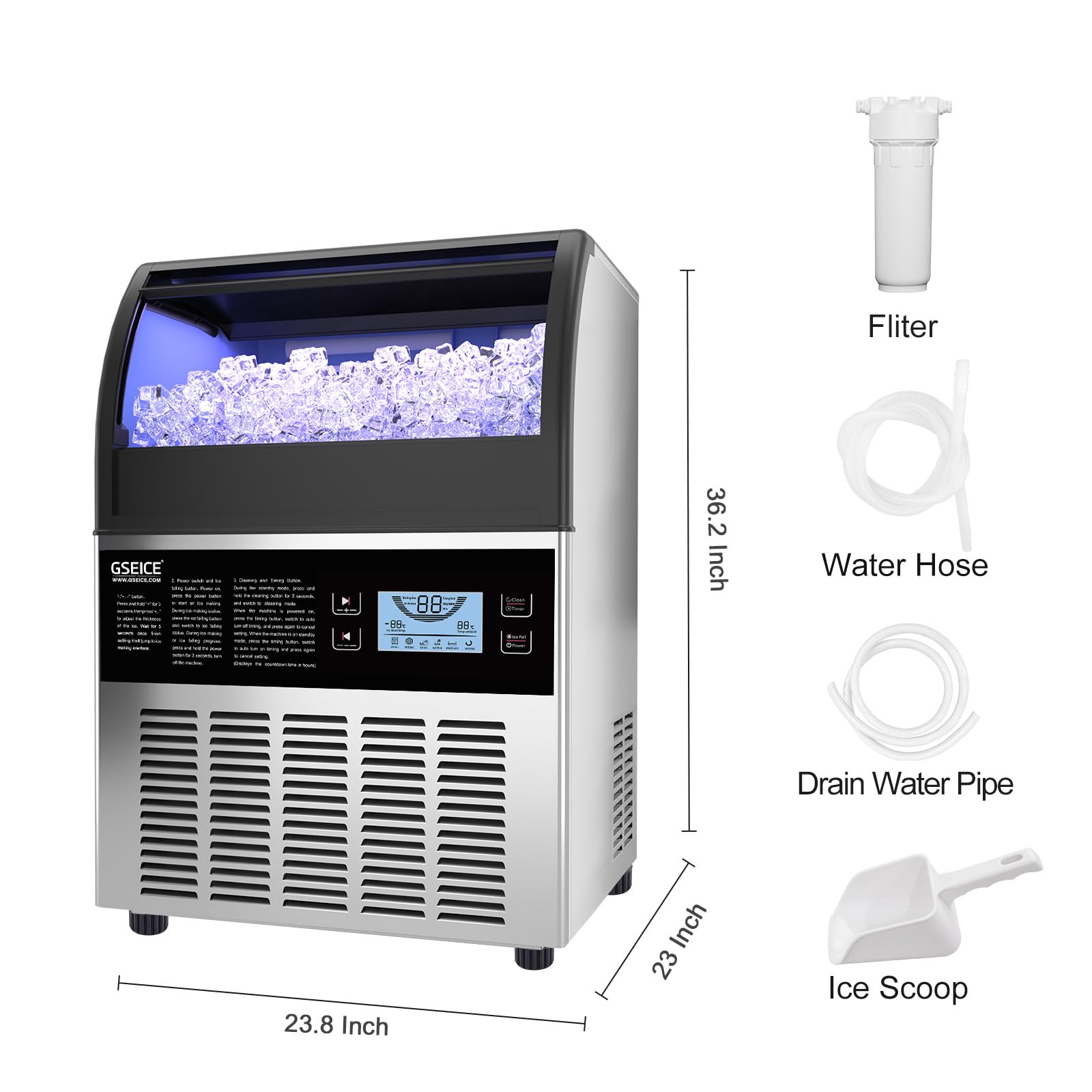 GSEICE Upgraded Commercial Ice Maker Machine,100lbs Stainless Steel Under Counter ice Machine with 30lbs Ice Storage Capacity,Freestanding Ice Maker,Ideal for Restaurant,Bar,Restaurant,Home and RV