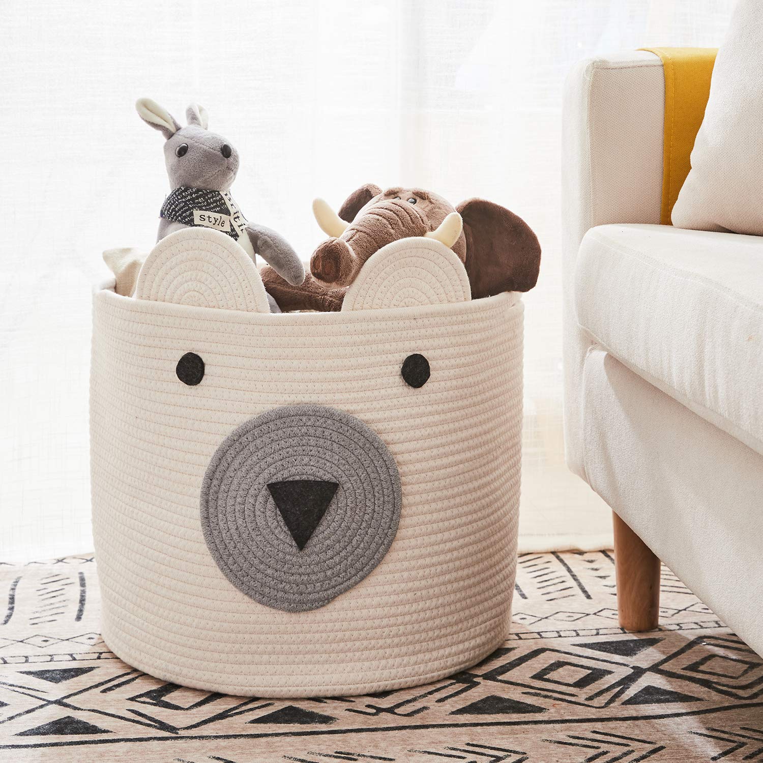 COMEMORY Cotton Rope Storage Basket with Cute Bear Design Foldable Woven Laundry Basket with Large Capacity Decorative Basket Organizer for Toys, Blanket, Towels, Clothes, 16"(D) x 14"(H)