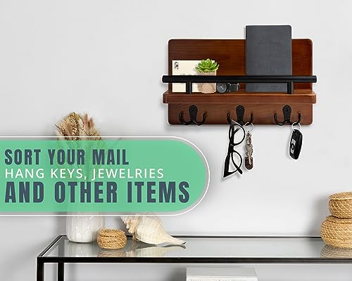 Comfify Natural Pine Wood Key Holder for Wall - Modern Decorative Finish with Metal Key Hooks and Mail Organizer/Sorter Slot - White