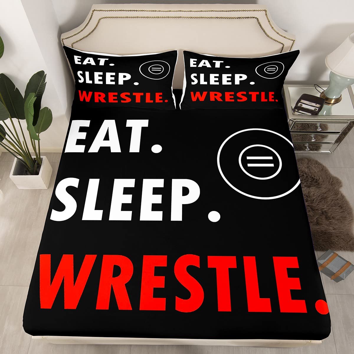 Wrestling Sports Bedding Set Twin Size,Eat Sleep Wrestle Themed Fitted Sheet for Kids Boys Bedroom,Wrestle Rodeo Black Red Microfiber Soft Bed Cover,1 Pillow Case