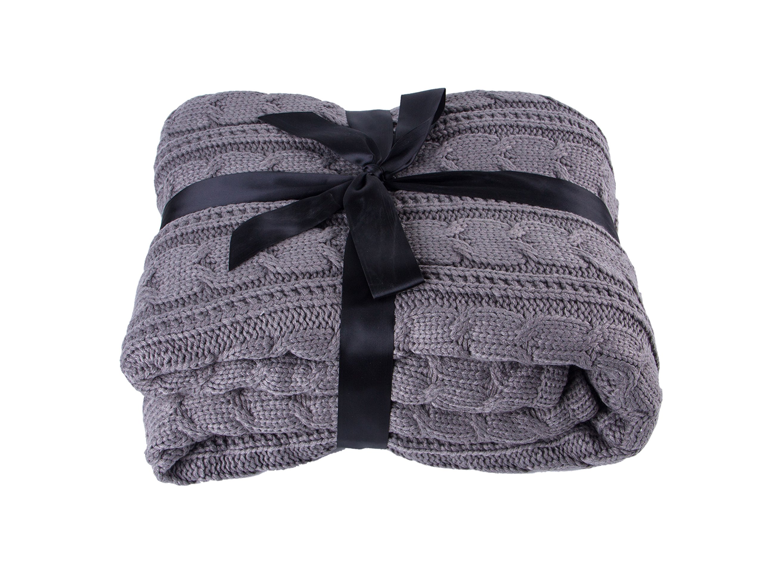 Comforbed Cable Knitted Throw Blankets Gray Soft Thick Knitting Sherpa Blanket for Bed Sofa Couch Decor Gray 51 x 63 Inch
