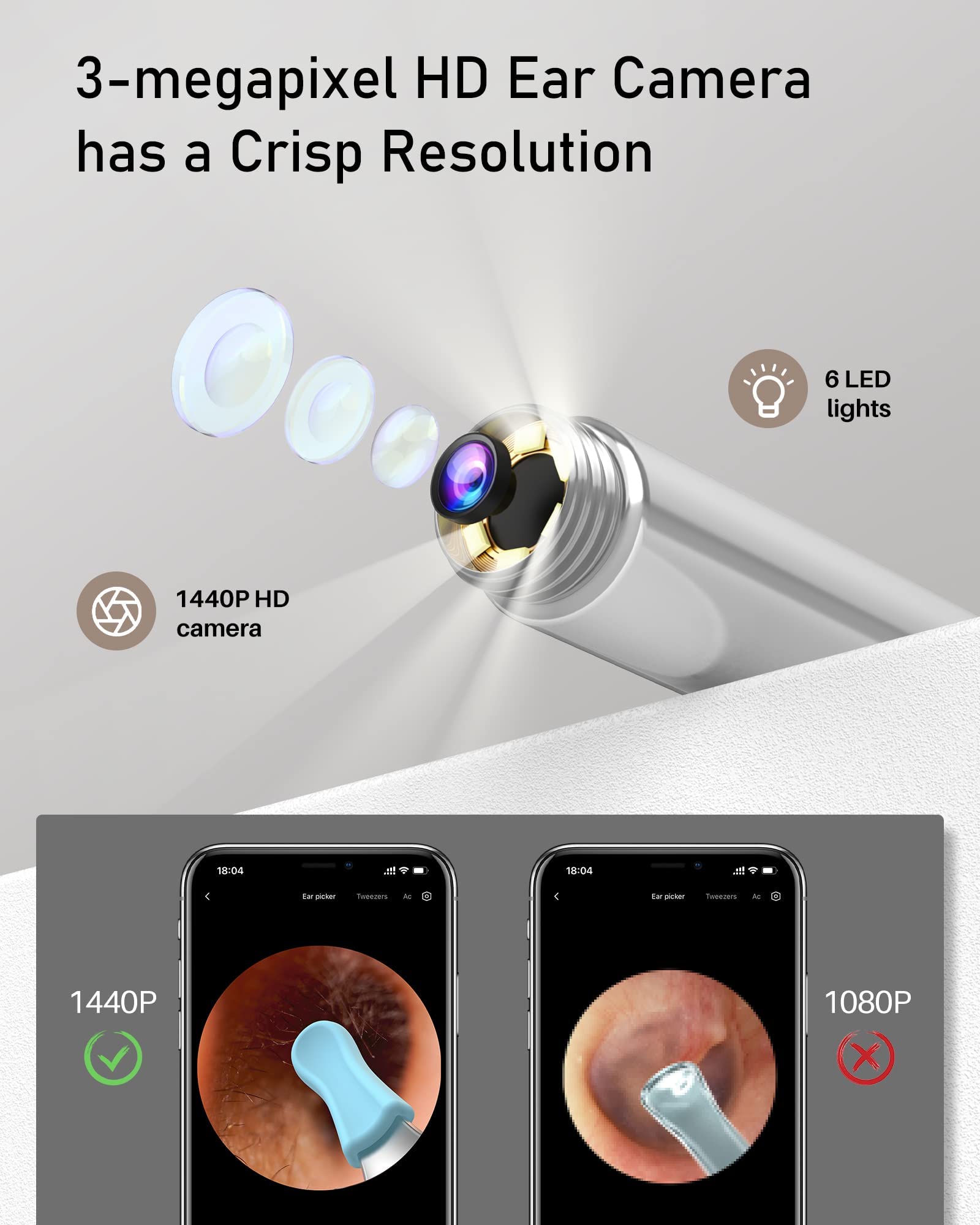 Ear Wax Removal Kit, with 1440P HD Camera and 6 LED Lights, and Deep Cleaning Blackhead Remover, Ear Cleaner for Smaller Ears,FDA Ear Wax Removal Tool for iOS,Android Phones-Black