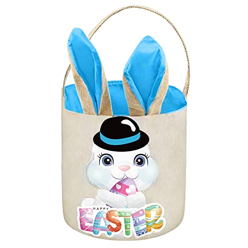 Easter Basket Bunny Canvas Bag - Easter Eggs Gift Baskets for Kids Eggs Hunt Bag Easter Bunny Tote Bag Easter Decorations (Blue)