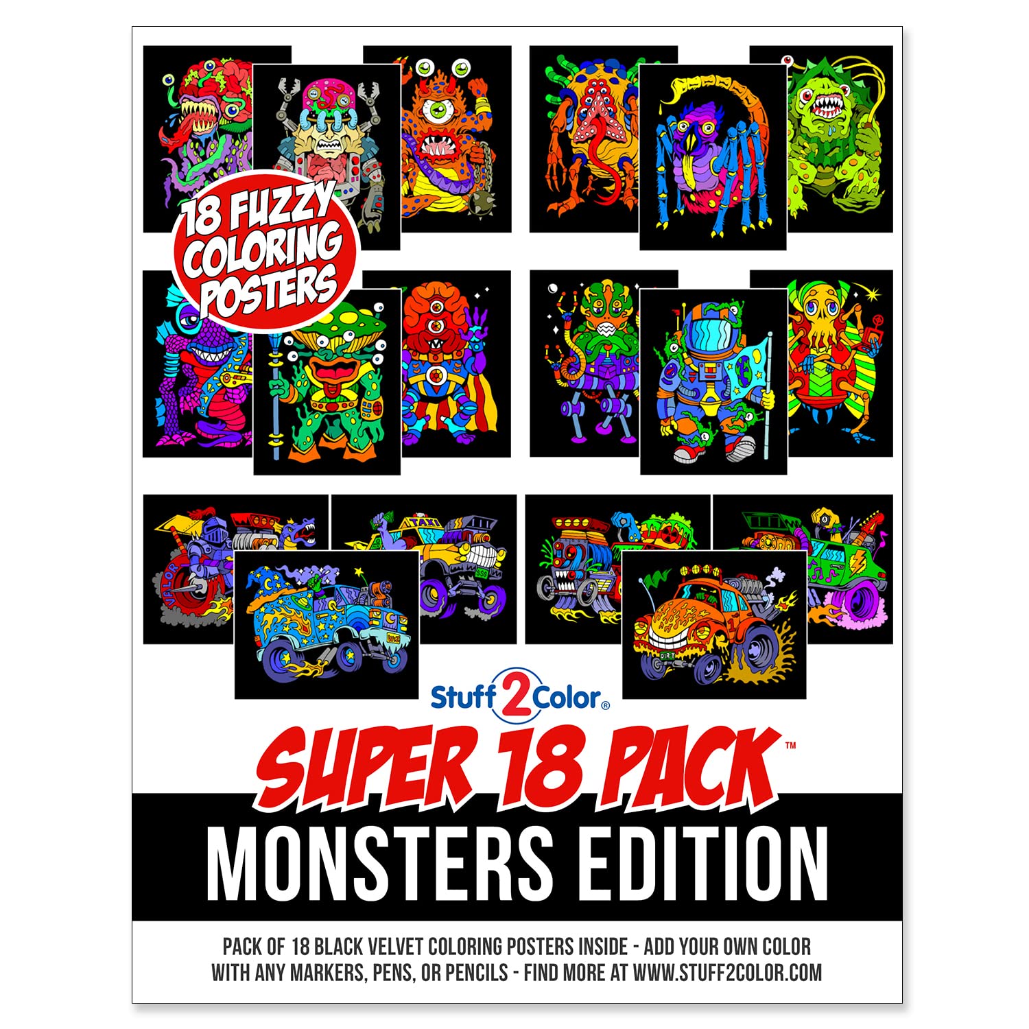 Stuff2Color Super Pack of 18 Fuzzy Coloring Posters (Monsters Edition) - Arts & Crafts for Boys, Girls, Toddlers, and Kids - Awesome Coloring Activity, Group Sharing Project, or Quiet Time Fun