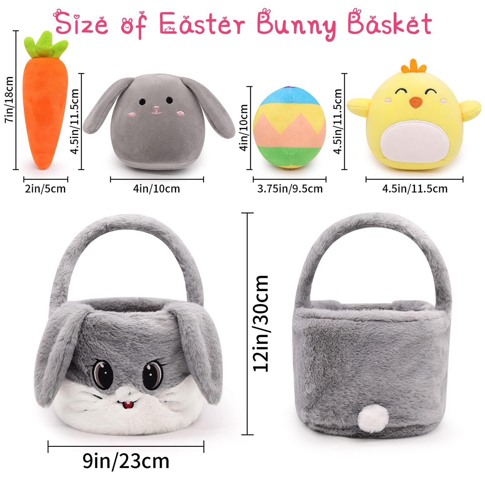 Easter Basket for Kids, Easter Baskets with Handle for Easter Eggs Hunting, Cute Easter Decoration Bunny Bags Filled with Plush Toys, Easter Theme Party Favor Easter Gifts for Boys Girls