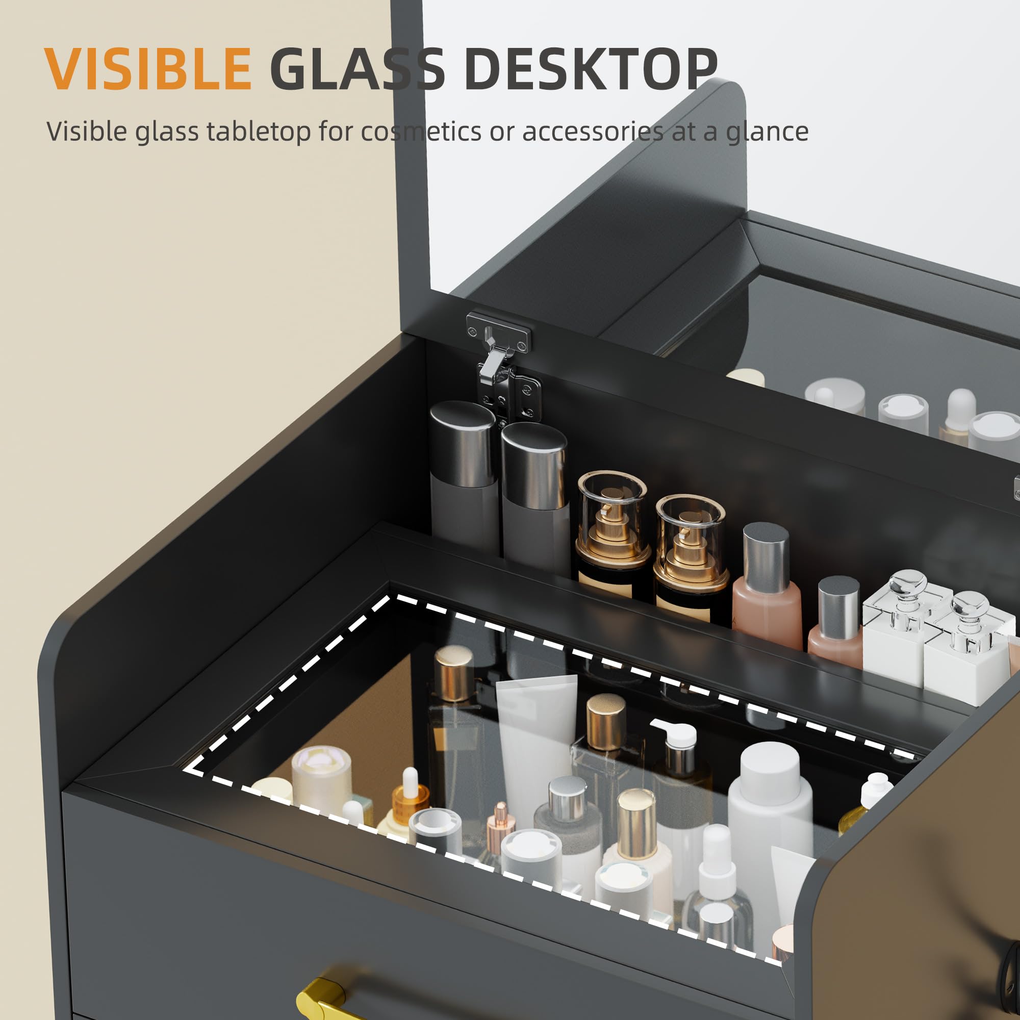 Gurexl 3 in 1 Vanity Desk with Plip Top Mirror,Compact Makeup Vanity with 3 Drawers,Cushioned Tool,Dressing Table for Bedroom,Small Make Up Vanity Set with Visible Glass Desktop,Black