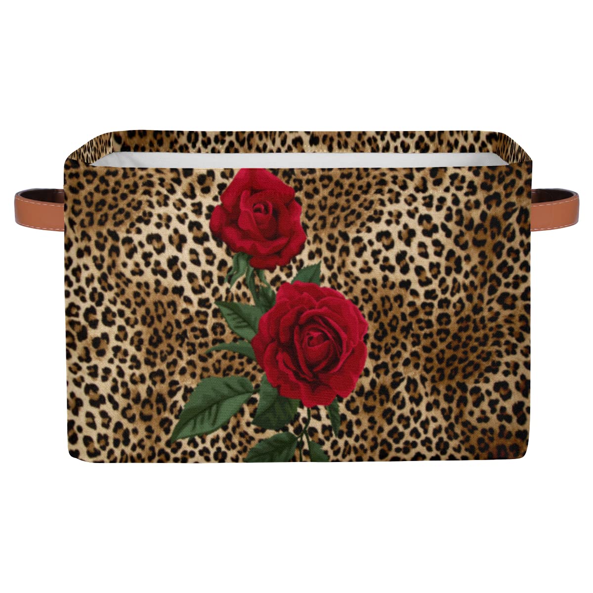 Vintage Leopard Print Flower Storage Basket Cube Large Toys Storage Box Bin with Handle Collapsible Closet Shelf Cloth Organizer for Nursery Bedroom,15x11x9.5 in,1 Pack