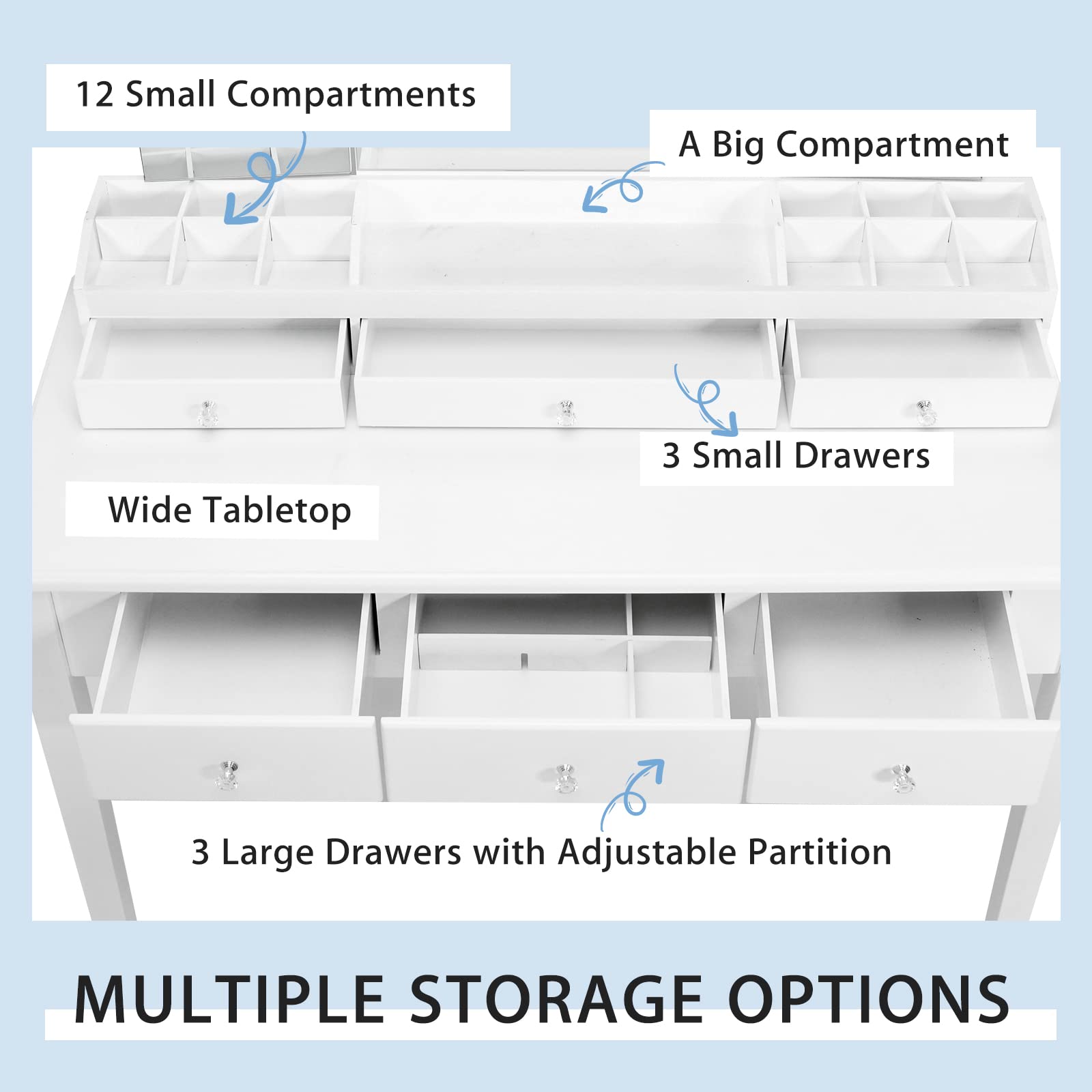 CHARMAID Large Vanity Set with Tri-Folding Lighted Mirror, 3 Color Lighting Modes, 6 Drawers, 12 Storage Compartments, Bedroom Makeup Dressing Table with Cushioned Stool for Women Girls, White