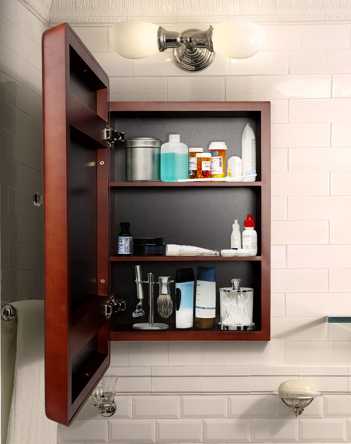 Medicine Cabinet Bathroom Mirror, 24''x16'' Farmhouse Wood Frame Bathroom Medicine Cabinet with Mirror, Vanity Mirrors Recess or Surface Mounted Installation (Brown)