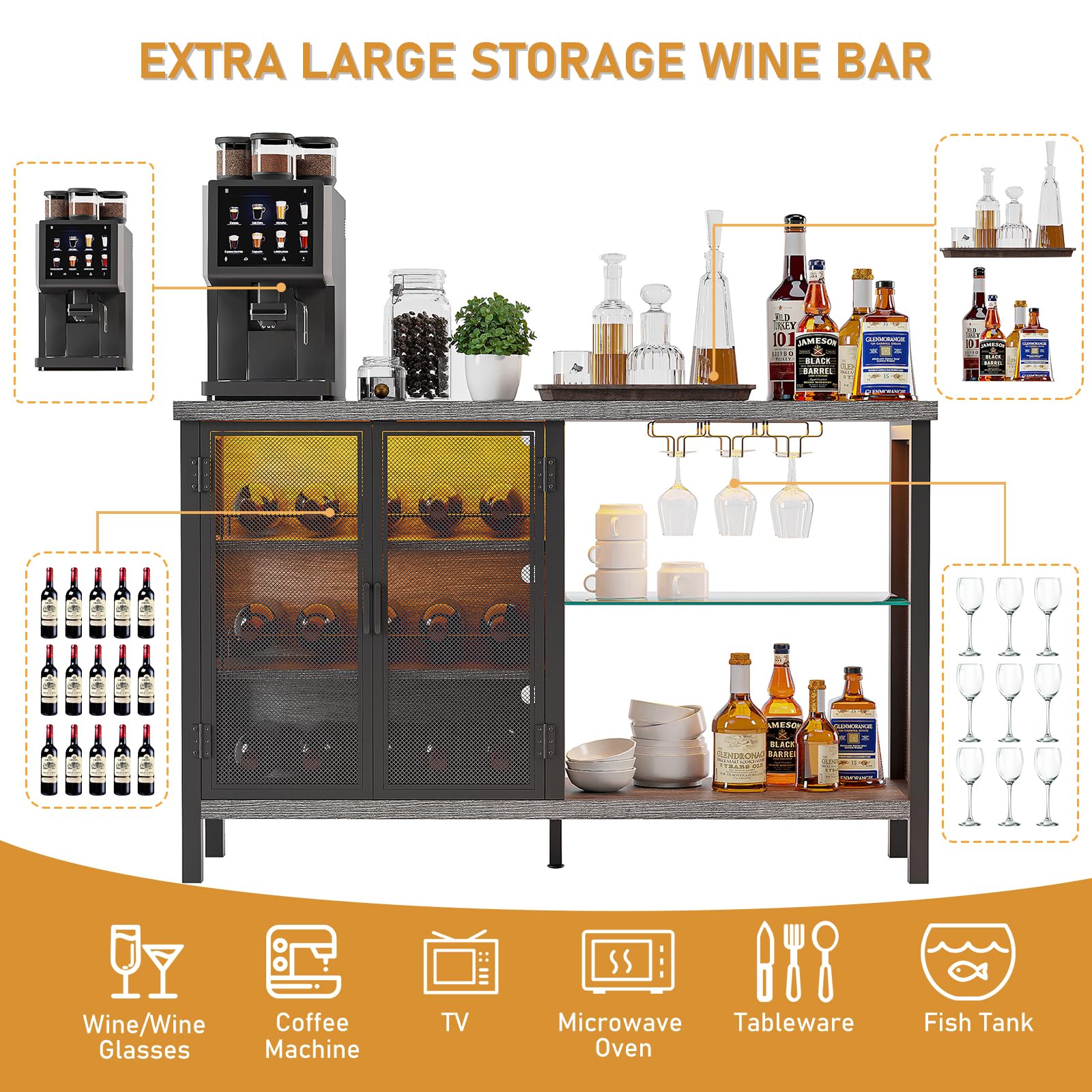 chartustriable Wine Bar Cabinet with 60000-Color Lights, Liquor Cabinet Bar with Bottle Rack and Glass Holder, Home Coffee Bar Cabinet, Buffet Sideboard with Storage Shelf for Kitchen, Dining Room