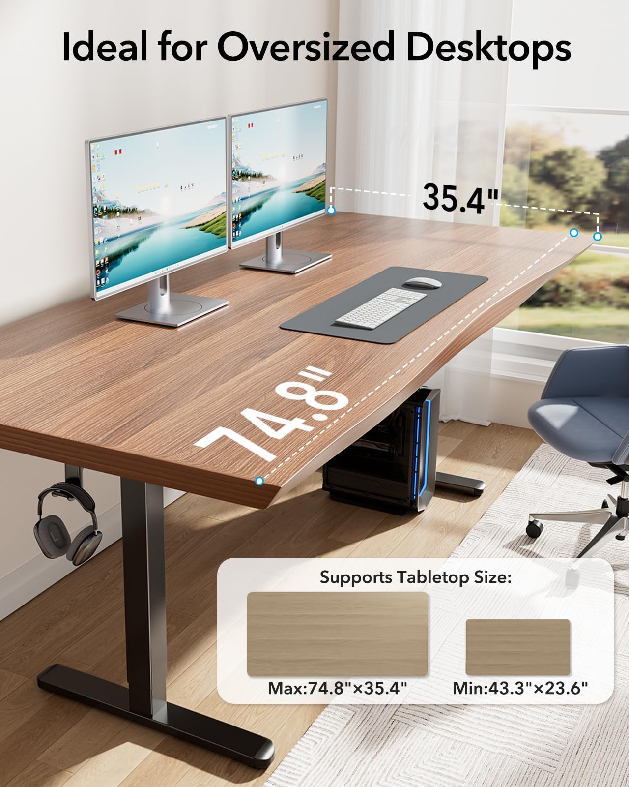 HUANUO Standing Desk Frame with 220lbs Powerful Brushless Motor, Thick T-Shaped Adjustable Desk Legs Made of Automotive-Grade Steel, for Max 75″ x 35″ Desktop, for Home Office, Frame Only