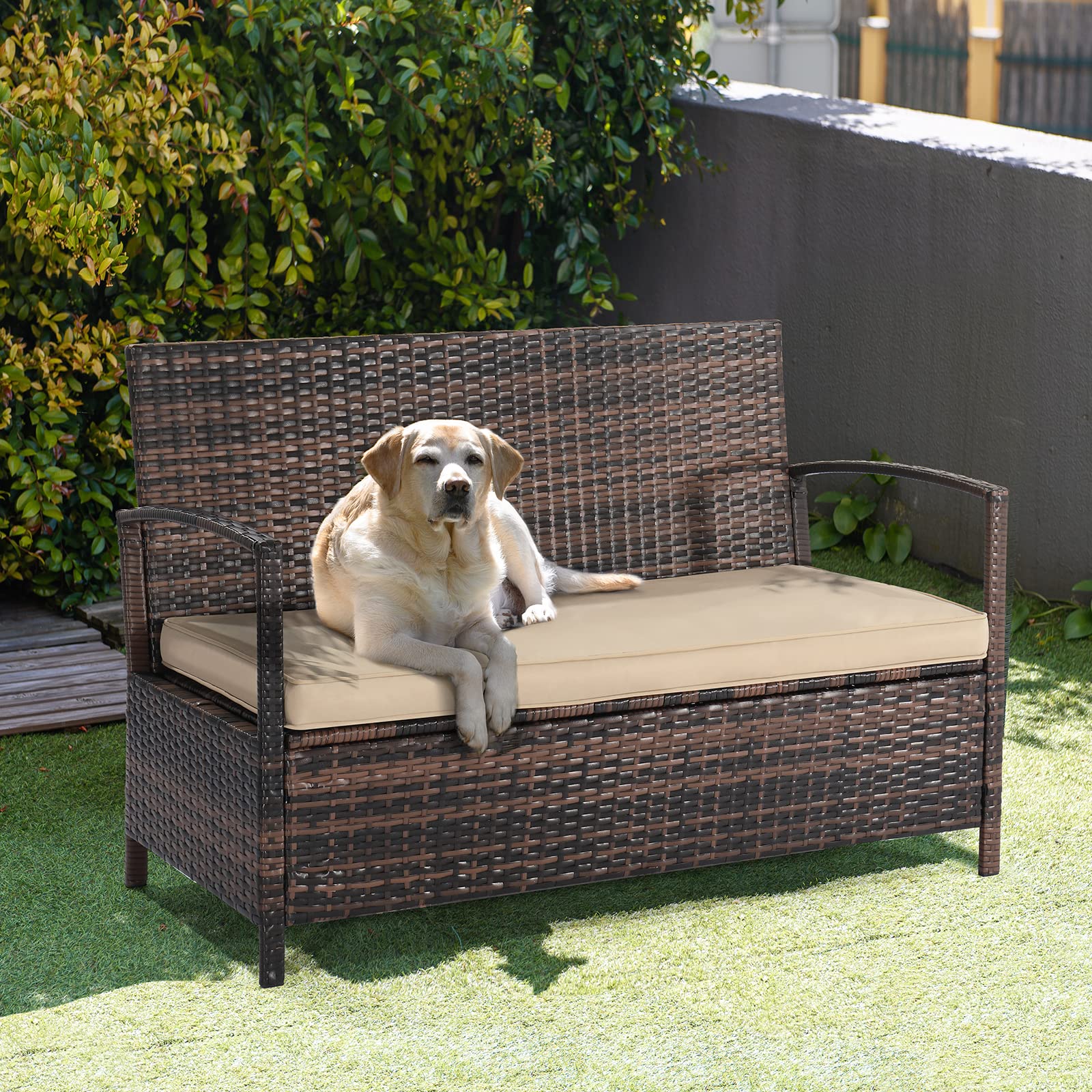 VINGLI 40 Gallon Outdoor Bench with Storage, Wicker Deck Box, Rattan Outdoor Storage Box, Patio Sofa Storage Bench with Cushion for Porch, Yard, Lawn, Garden (Brown)