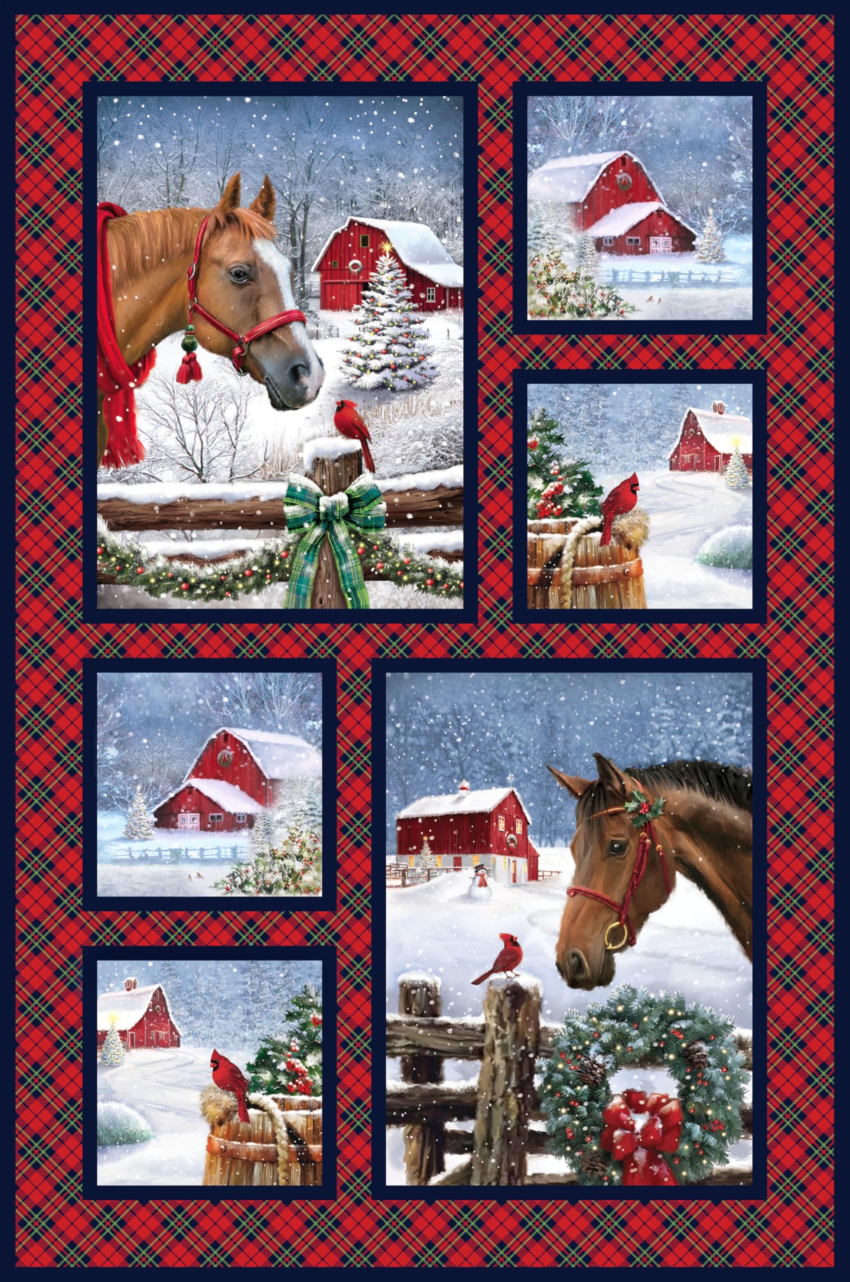 Heartwarming, Country Panel, Horses, Cardinals, Barn, Farmstead Friends, Holiday Fabric, Northcott, Digital Print, DP26895-24