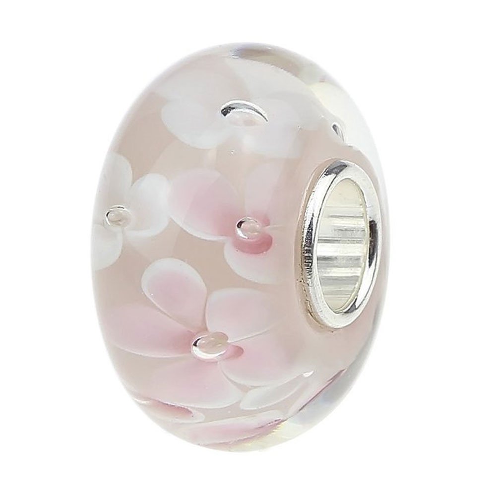 CHAWIN Jewelry Lampwork Murano Glass Beads Hawaii Garden Charm with 925 Sterling Silver Core Flower Blossom Charm Pink Charms