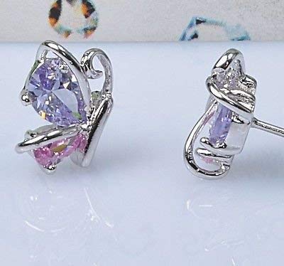 Crystalline Azuria Butterflies Stud Earrings with Pink Purple Violet Zirconia Crystals 18K White Gold Plated for Women