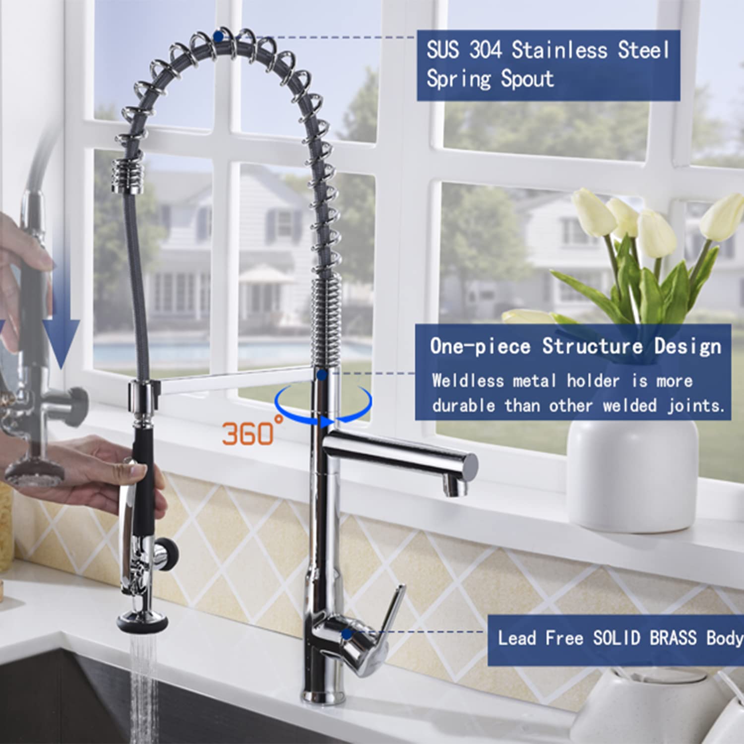 Commercial Kitchen Faucet Pull Down Sprayer with Soap Dispenser - Brass High Arc Tall Modern Single Lever Handle One Hole Spring Pull Out Kitchen Sink Faucet with Pull Out Spray