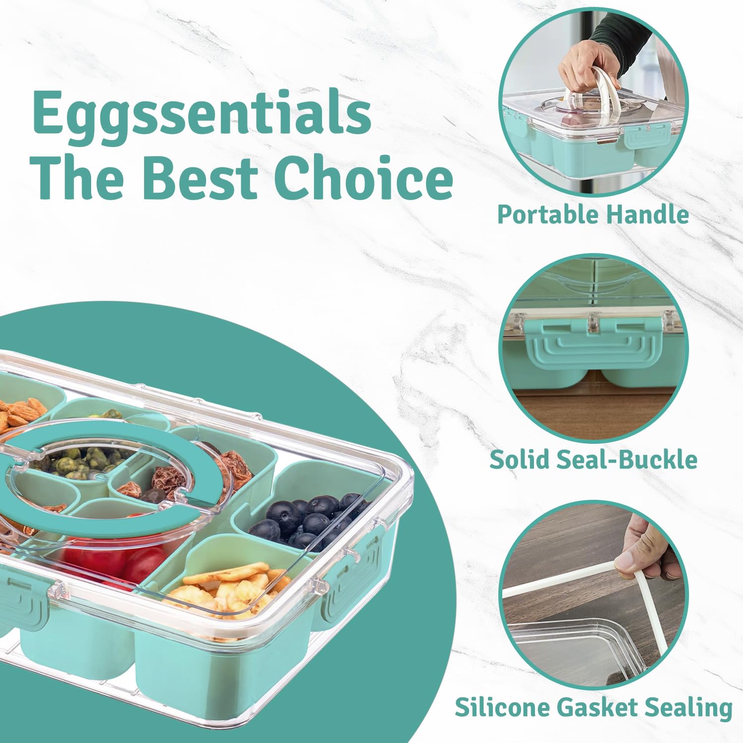 Eggssentials Snackle box & Snack Organizer, Divided Serving Tray with Lid for Travel, Tailgating, Picnic & Party β Portable Snack Box Container for Fruit, Candy, Salad, Spices, Dry Fruits & Snacks