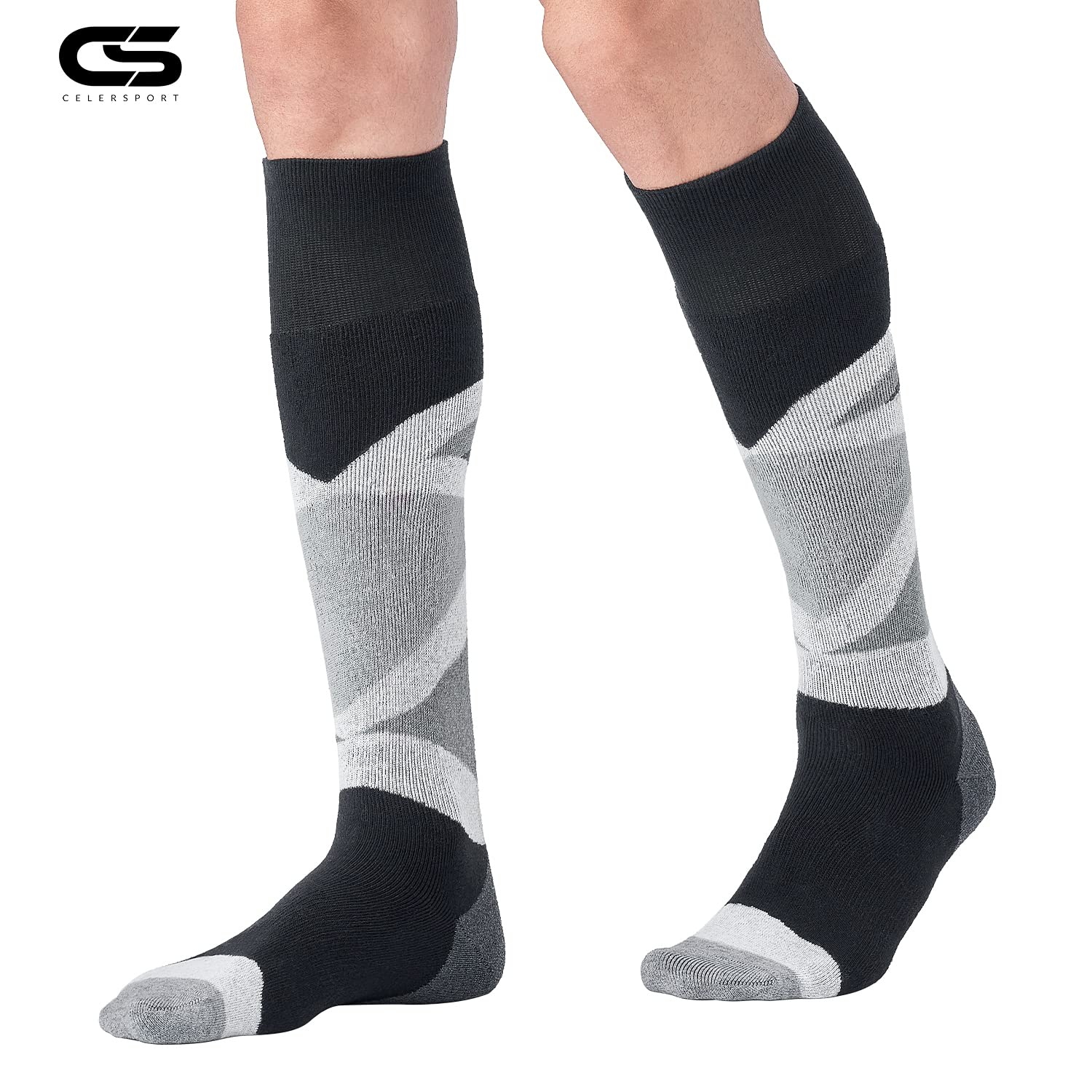 CS CELERSPORT 2 Pack Merino Wool Men's Ski Socks with Full Cushion, Winter Warm Thermal Socks for Skiing Snowboarding, Light Grey+Orange, Large