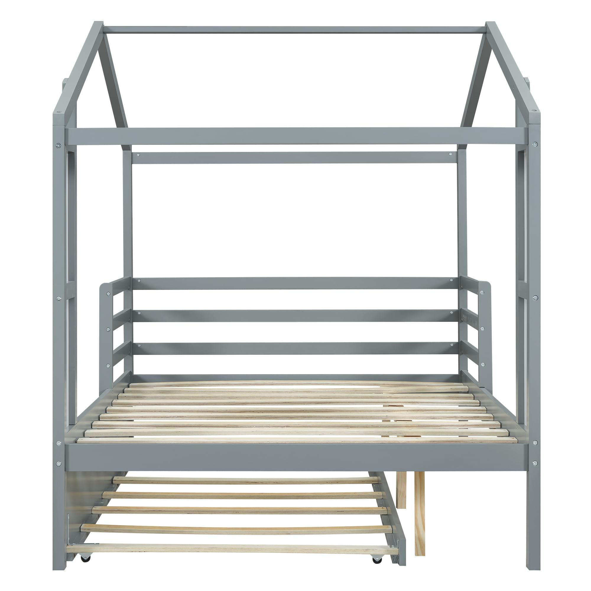 Merax Full Size Wood House Bed with Fence and Writing Board,House Bed with Trundle, White
