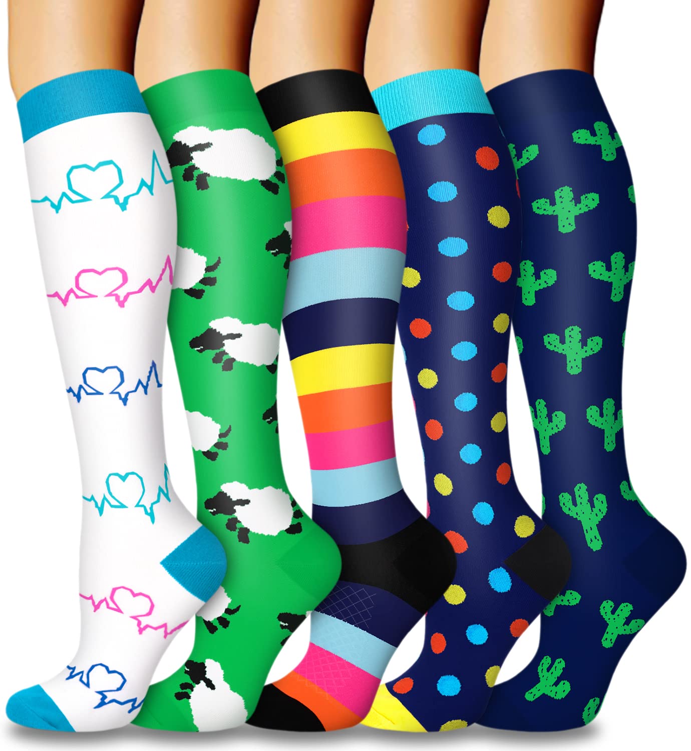 CTHH 5 Pairs Compression Socks for Women & Men Circulation Support Knee High Socks (01 Green/White/Blue/Sheep, Small-Medium)